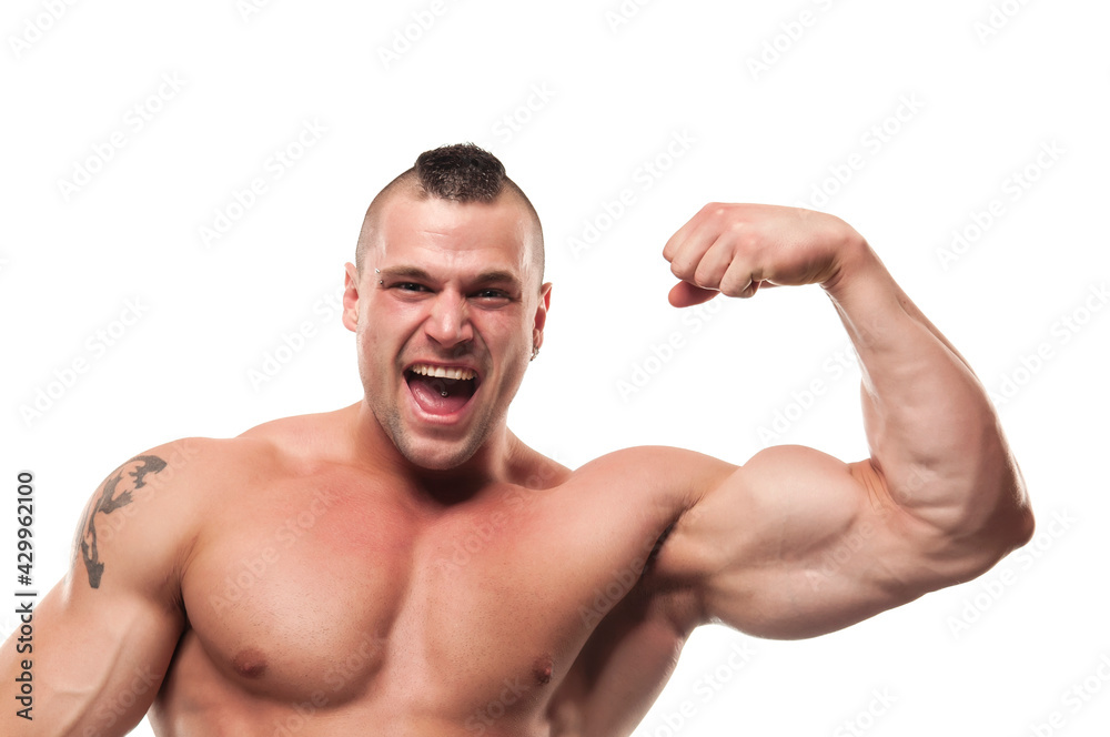 Screaming bodybuilder flexing arm. Shirtless excited muscular healthy ...