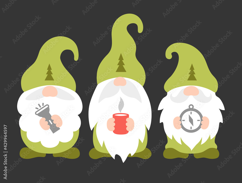 Gnome campers. Colorful vector illustration. Forest gnomes scouts or ...