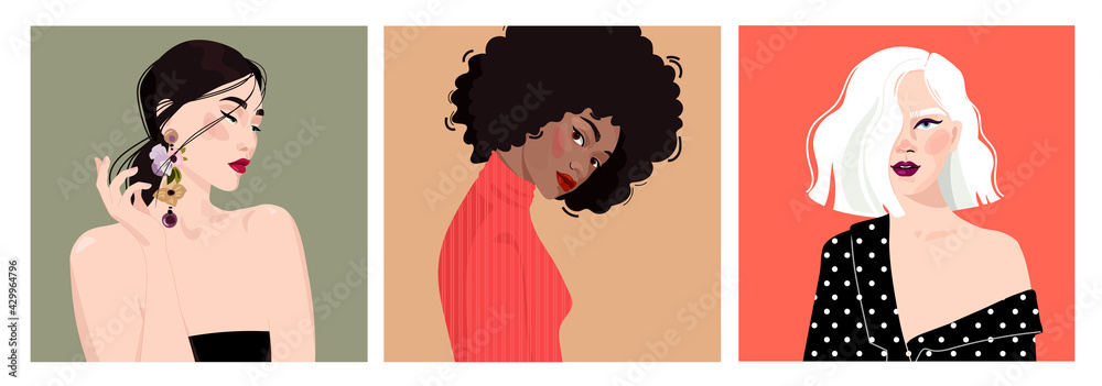 Set of portraits of women of different gender and age. Diversity ...
