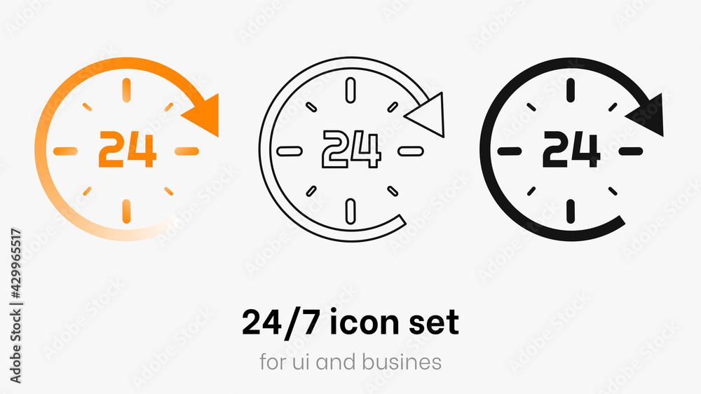 24/7 icon vector set. Service open 24h hours a day and 7 days a week. Flat isolated colorful 24/ ...