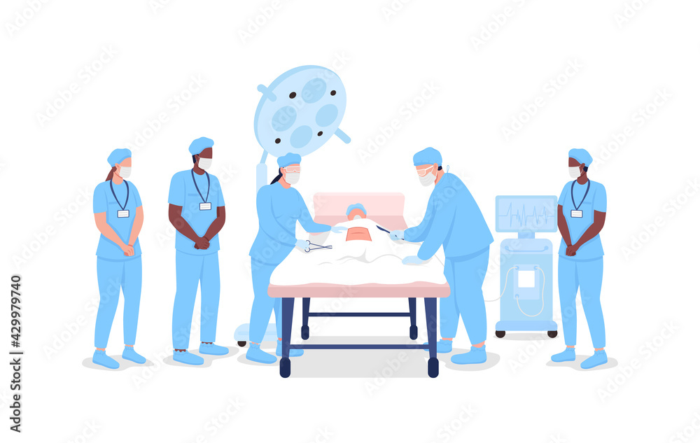 Medical interns watching professional surgeons at procedure flat color ...