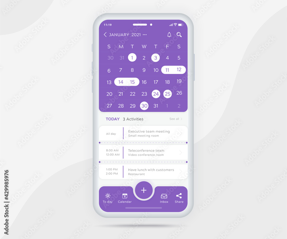 Calendar app light mode concept, Mobile activity calendar template UI ...