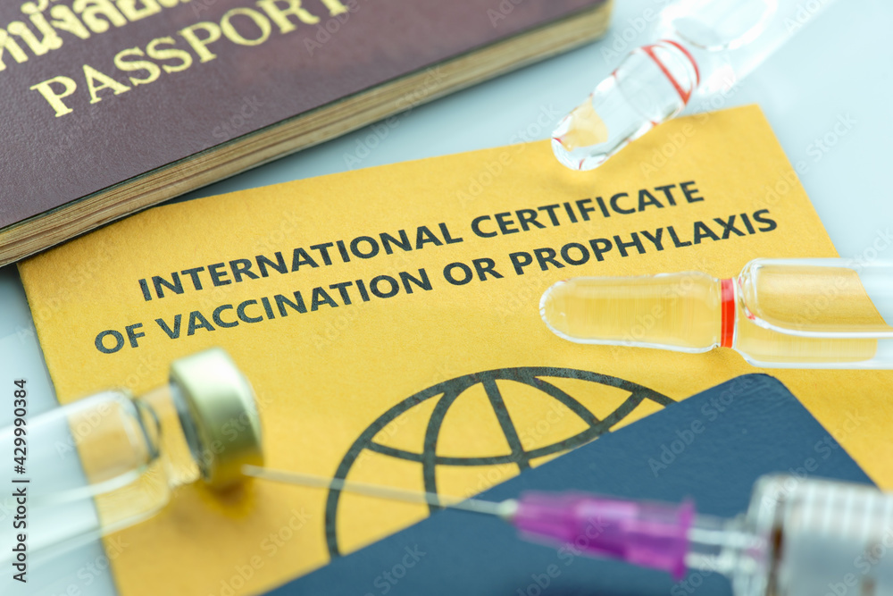 Top view of international certificate of vaccination, a record proving ...