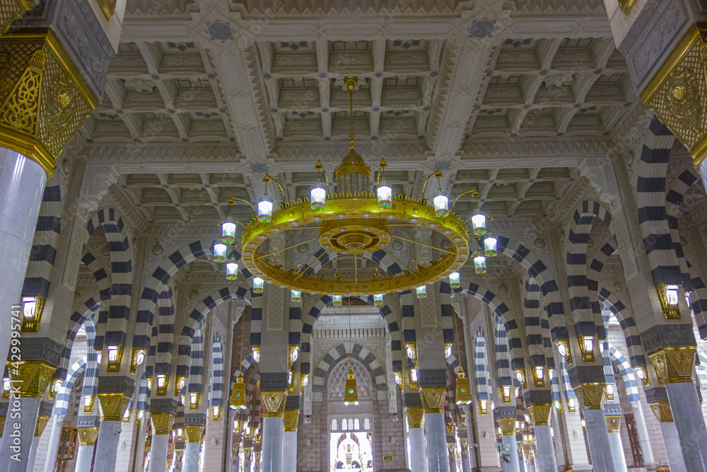 Charming Interior designs of Masjid al Nabawi at Madinah Stock Photo ...