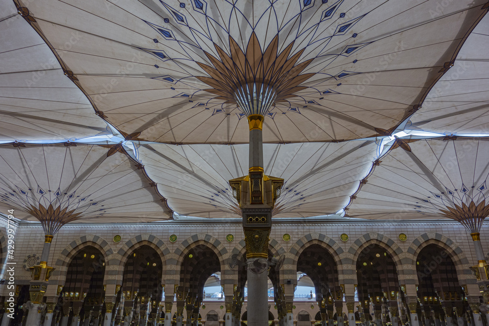 Charming Interior designs of Masjid al Nabawi at Madinah Stock Photo ...