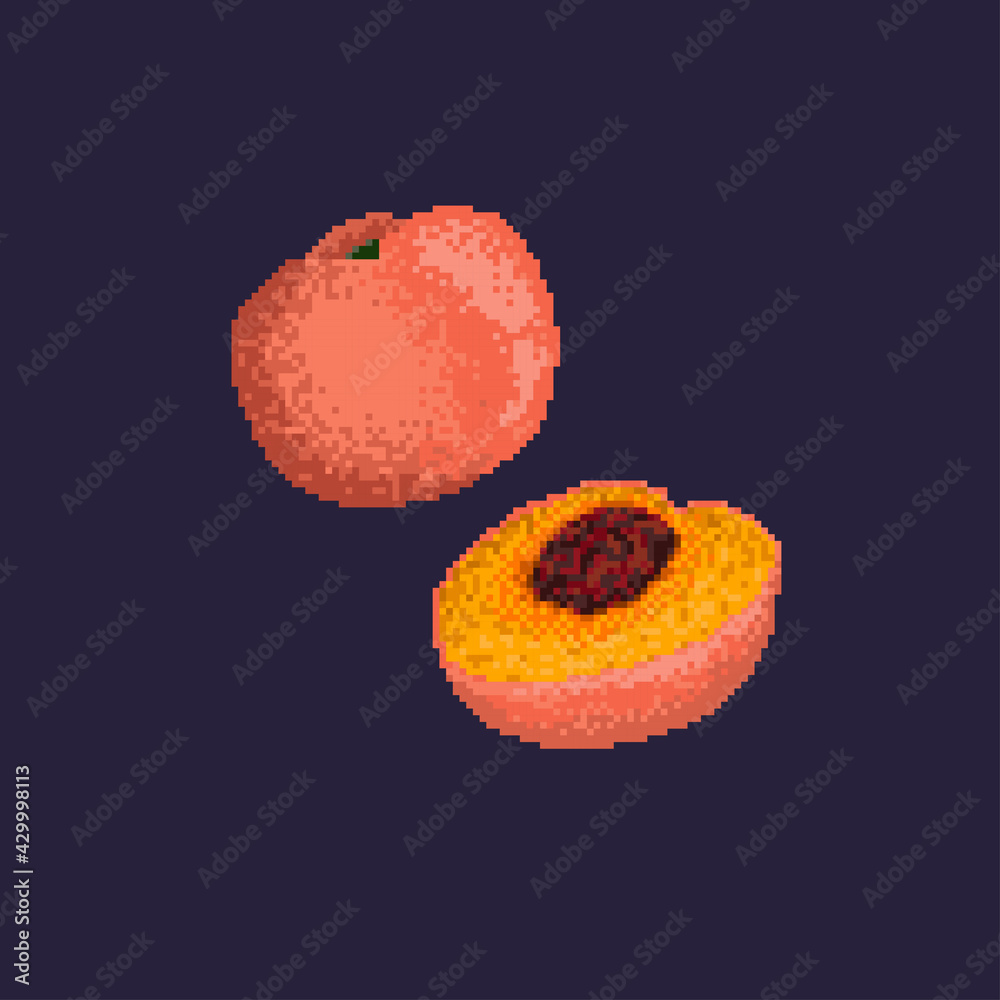 Pixel-art peach. Whole peach and slice of peach on dark blue background ...