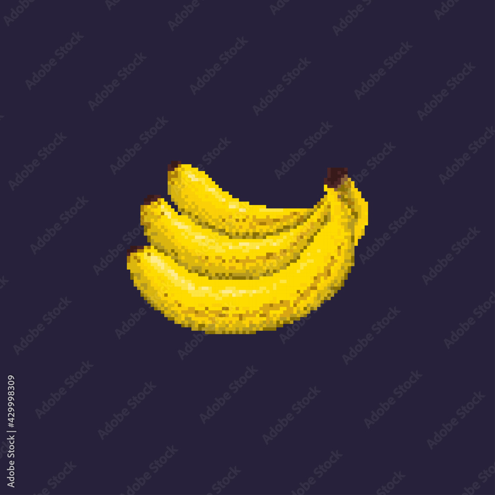Pixel-art banana. A bunch of three bananas on dark blue background ...