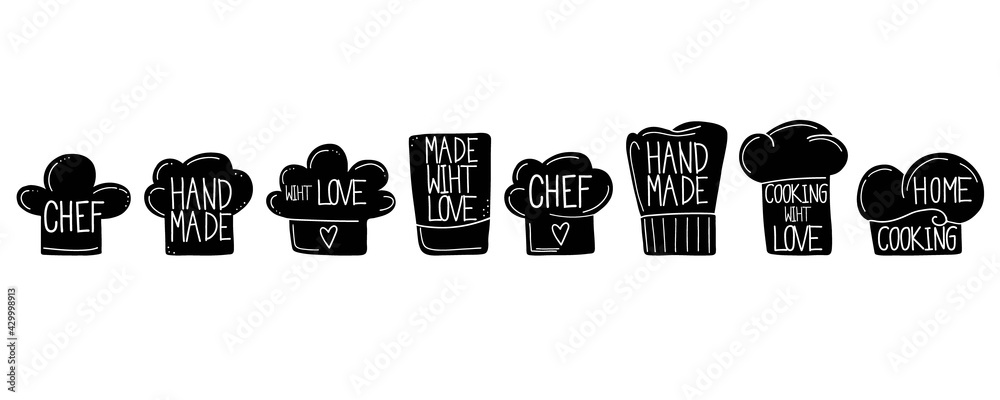 Chef hat labels set. Black cooker headwear collection with text ...