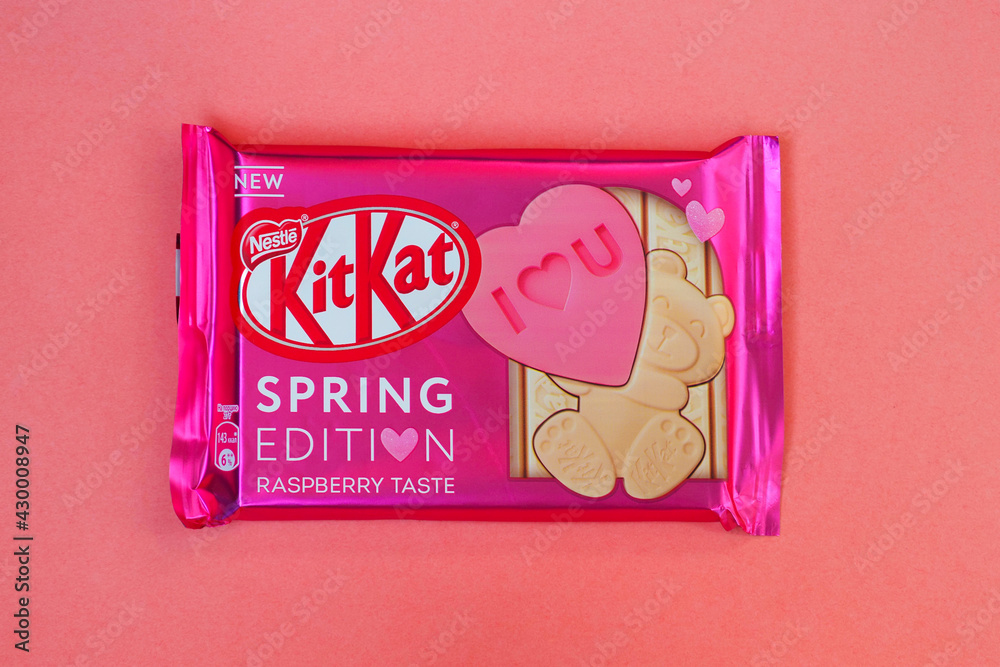 Moscow, Russia - March, 2021: Kit Kat with raspberry taste, spring ...
