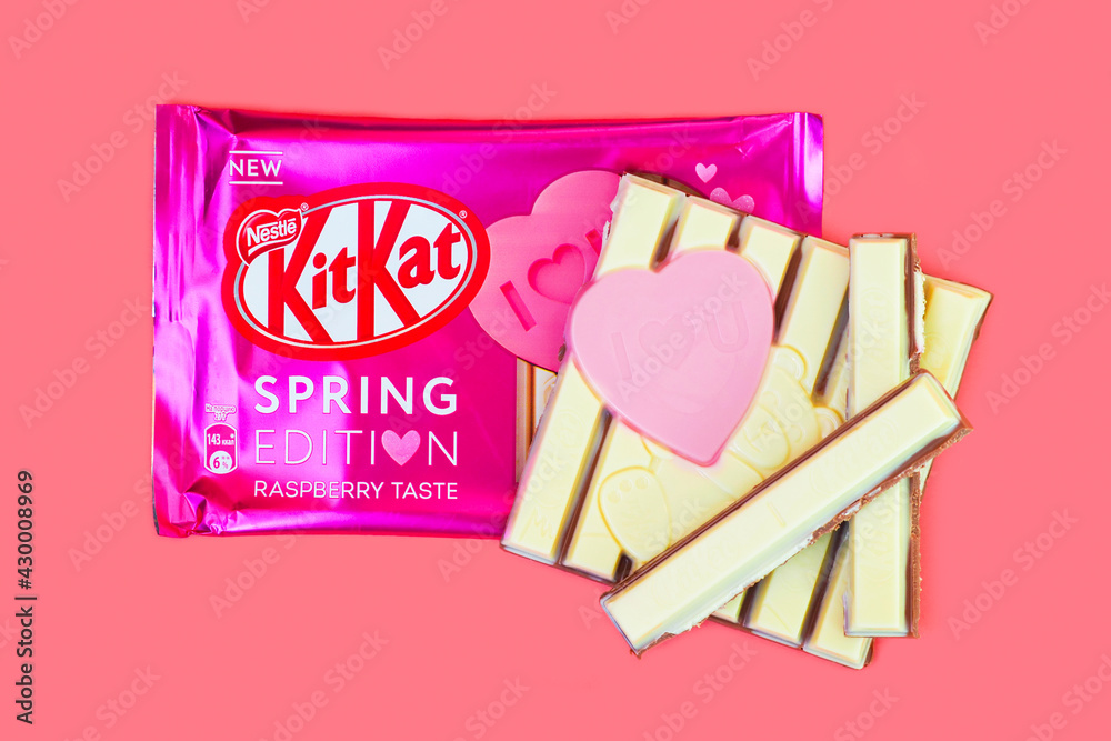 Moscow, Russia - March, 2021: Kitkat with raspberry taste, spring ...