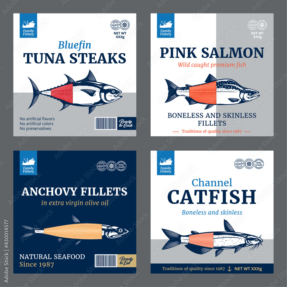 Vector fish labels. Salmon, tuna, anchovy and catfish fish ...