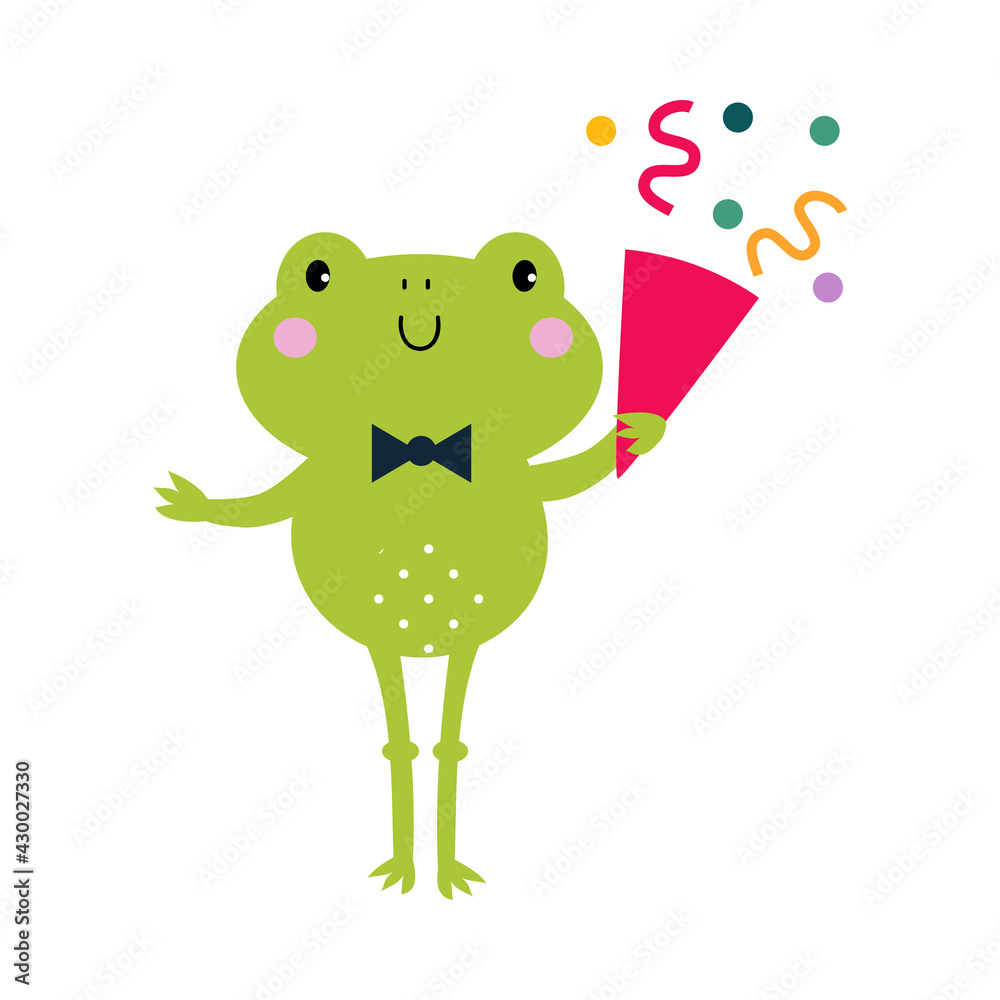 Happy Birthday Concept, Adorable Frog Baby Animal With Party Cracker ...
