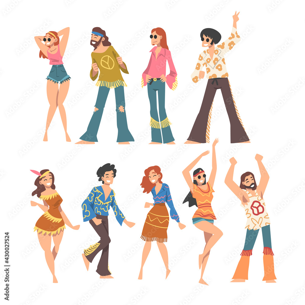 Hippie People Characters Set, Young Men and Women Wearing Retro Style ...