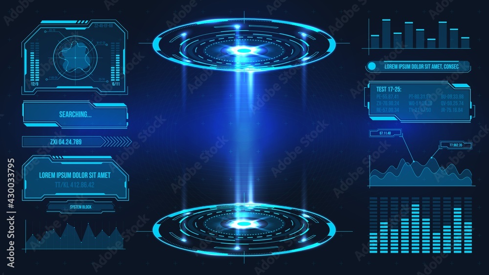 Futuristic platform. Hologram podium and digital data graphs and frames ...