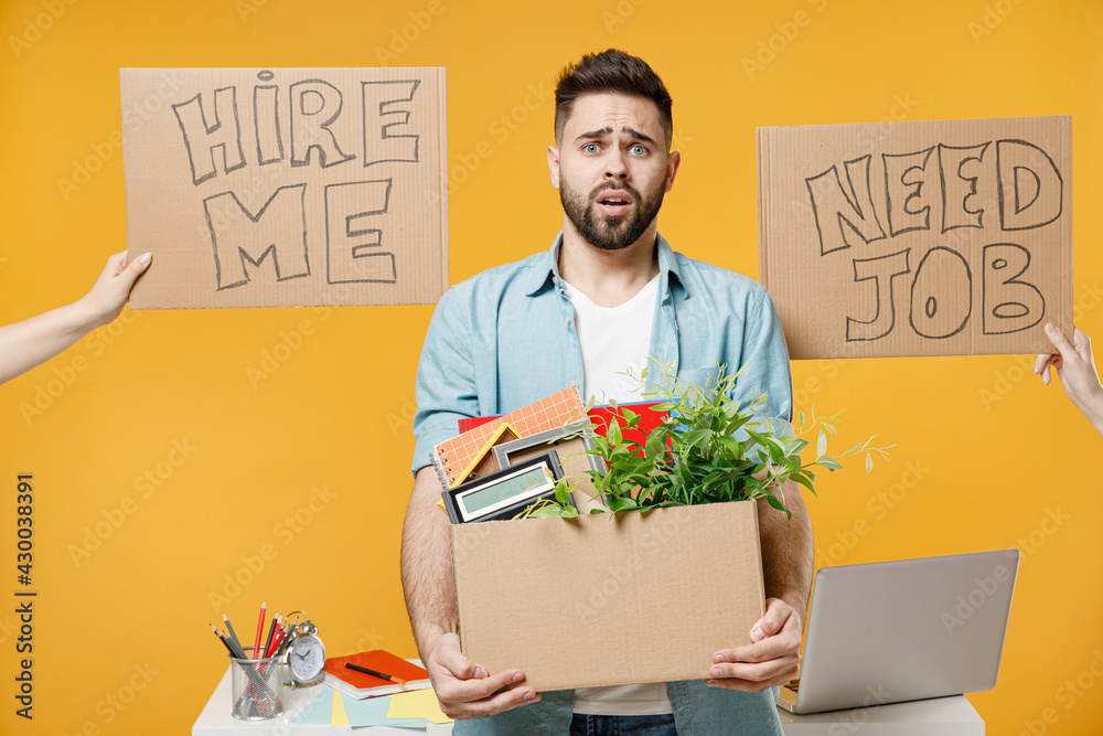Young disappointed employee business man 20s wearing shirt stand work ...