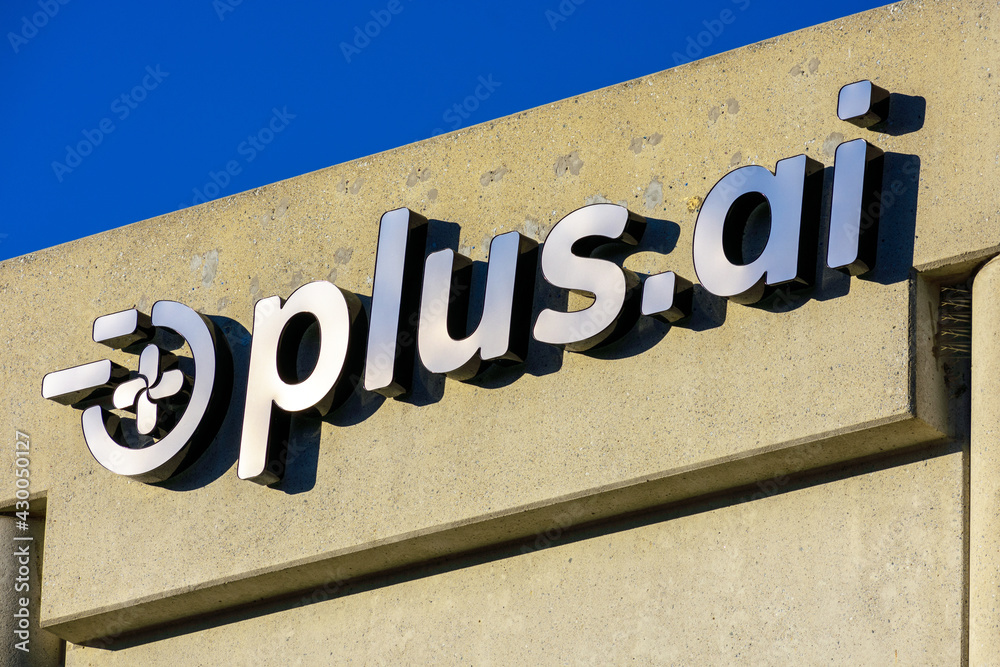 Plus.AI sign atop of headquarters Plus company working on self-driving ...
