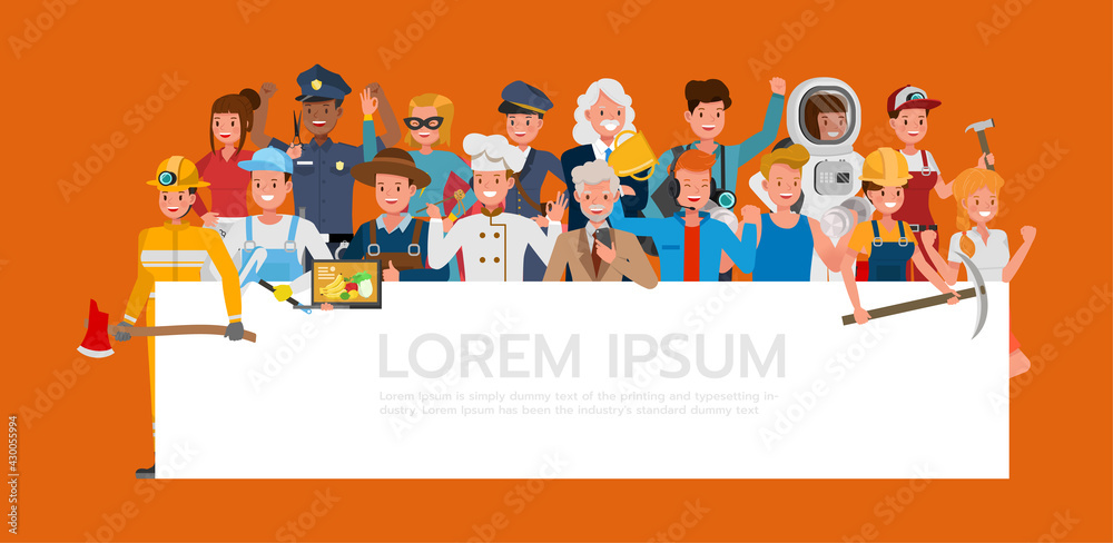 Group of people different job and occupations on orange background ...