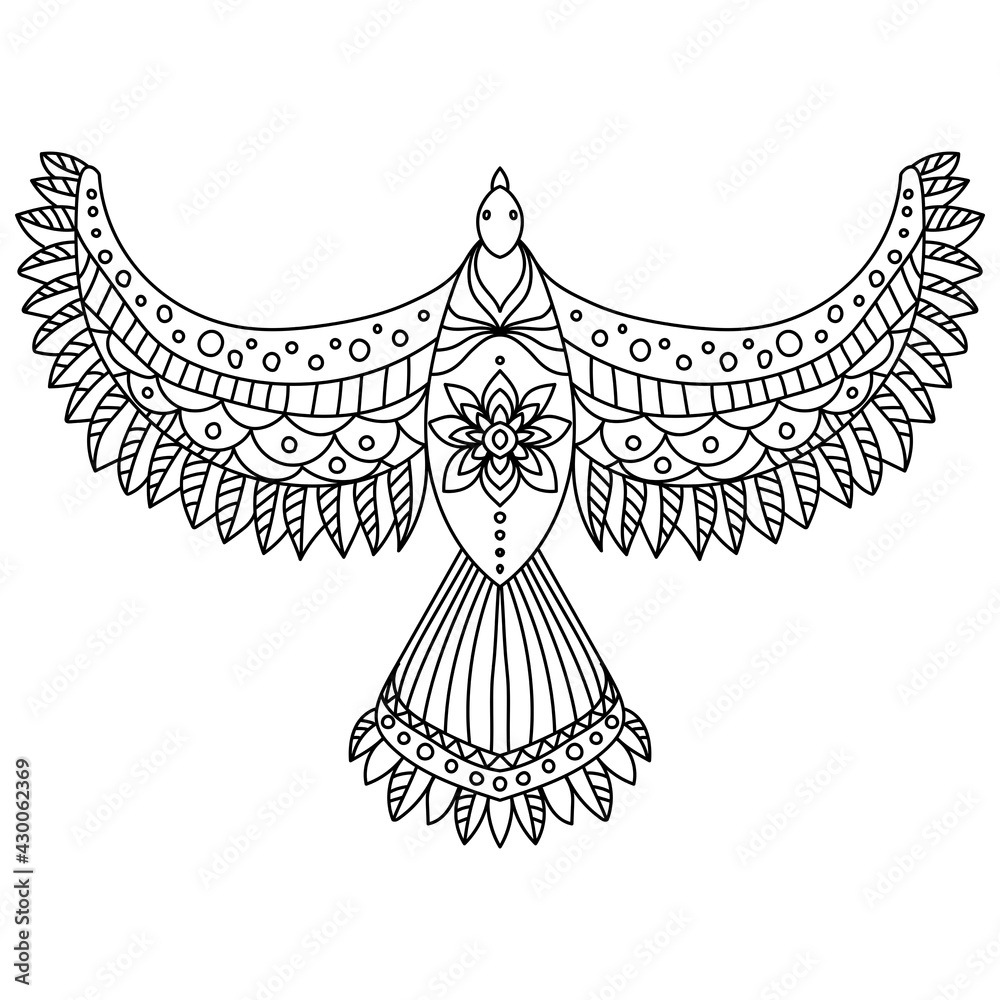Fantasy flying bird with patterned wings, meditative coloring page with ...