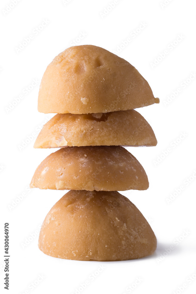 jaggery, golden brown color, cup shaped unrefined sugar product also ...
