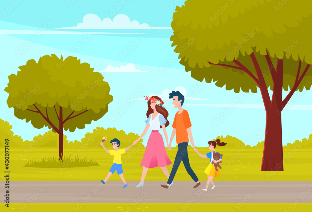 Happy family walk in park or city garden. Mom, dad and two children ...