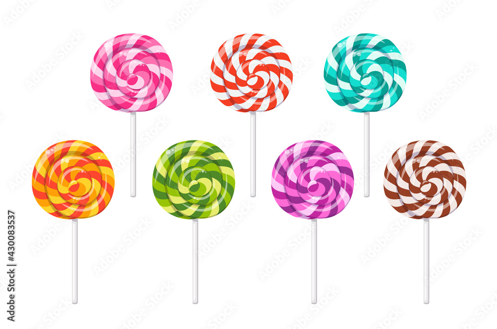 Lollipop, round swirly candy on stick. Mint, chocolate, strawberry ...