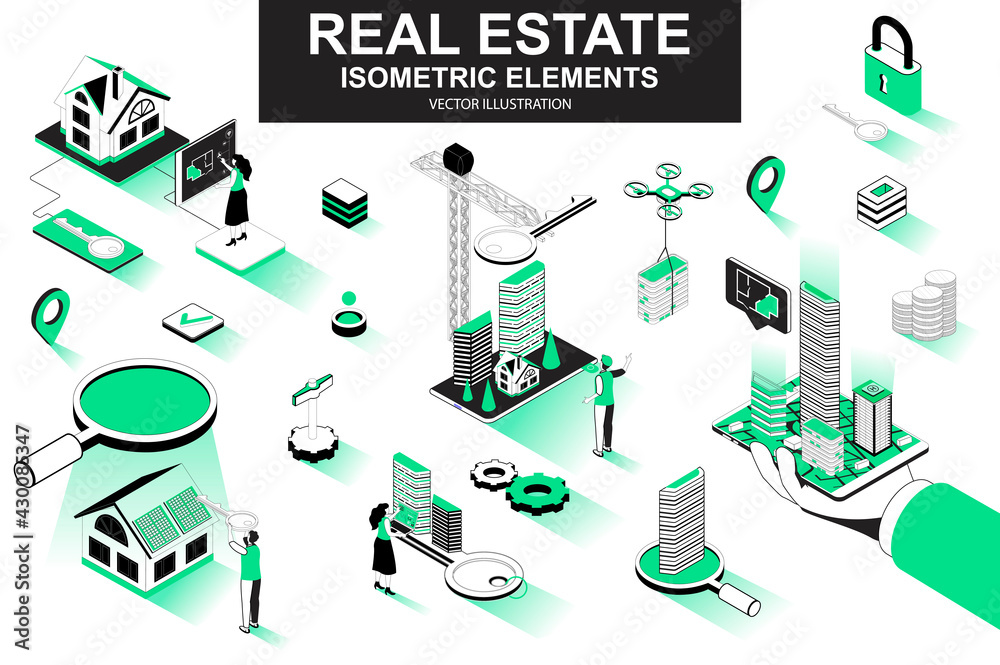 Real estate bundle of isometric elements. Skyscraper, office center ...