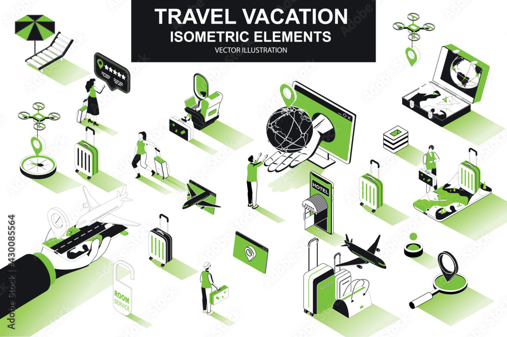 Travel vacation bundle of isometric elements. Flight booking, airplane ...