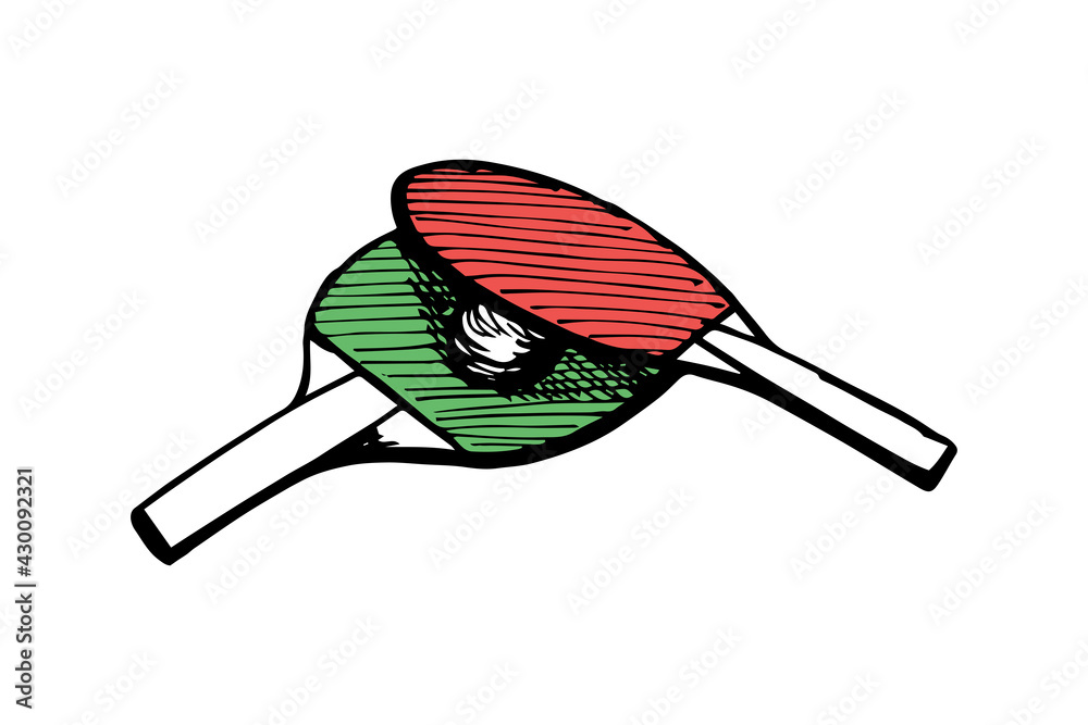 Ping-pong green and red rackets and ball hand drawn outline sketch ...