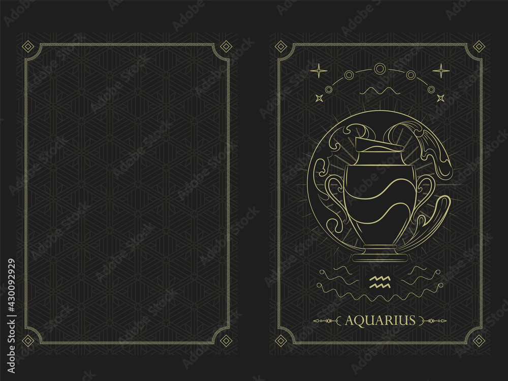 Zodiac Aquarius Horoscope Card Golden Outline Style with Water wave ...