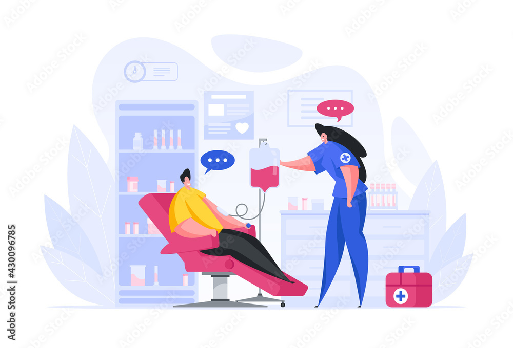 Colorful vector illustration of cartoon female nurse talking and ...