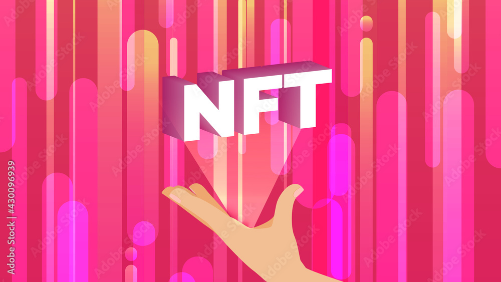 Vector illustration banner with NFT tokens and holding a hand. Non ...