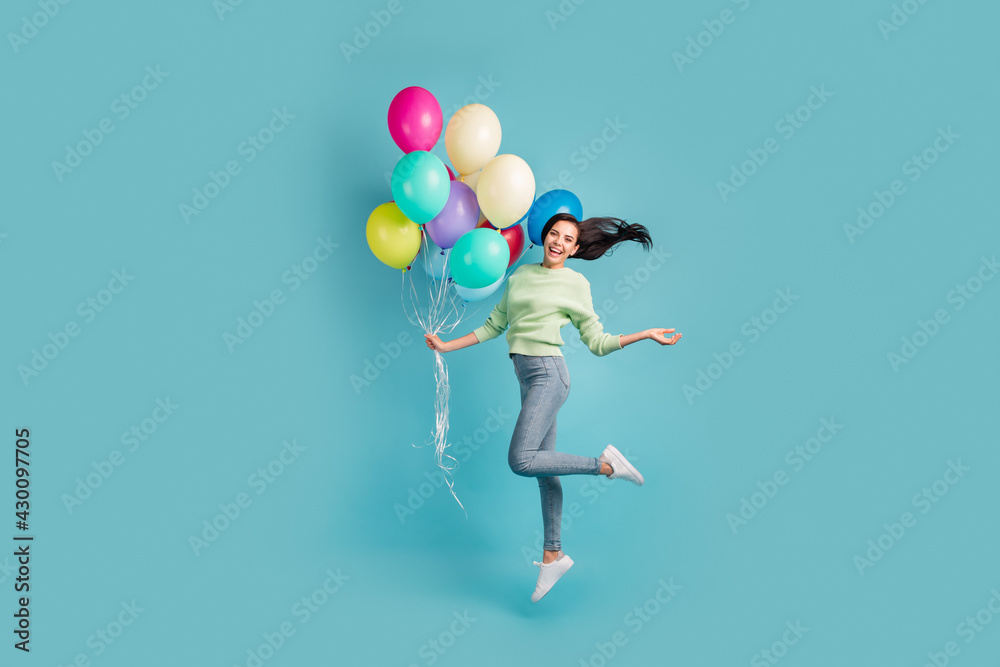 Full size photo of young happy cheerful excited girl jumping with ...