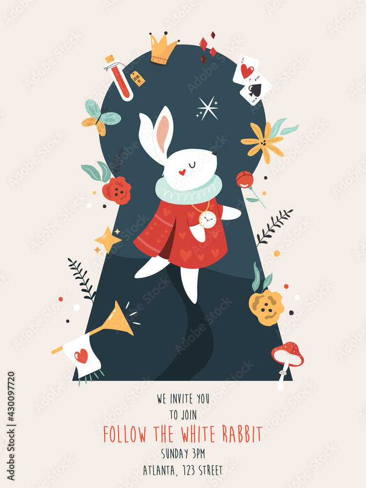 Party invitation with white rabbit and other symbols of Alice in ...