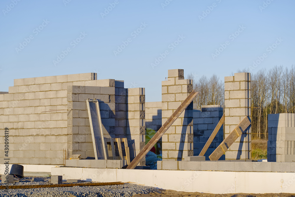 Construction site of a private house. unfinished house made of expanded ...