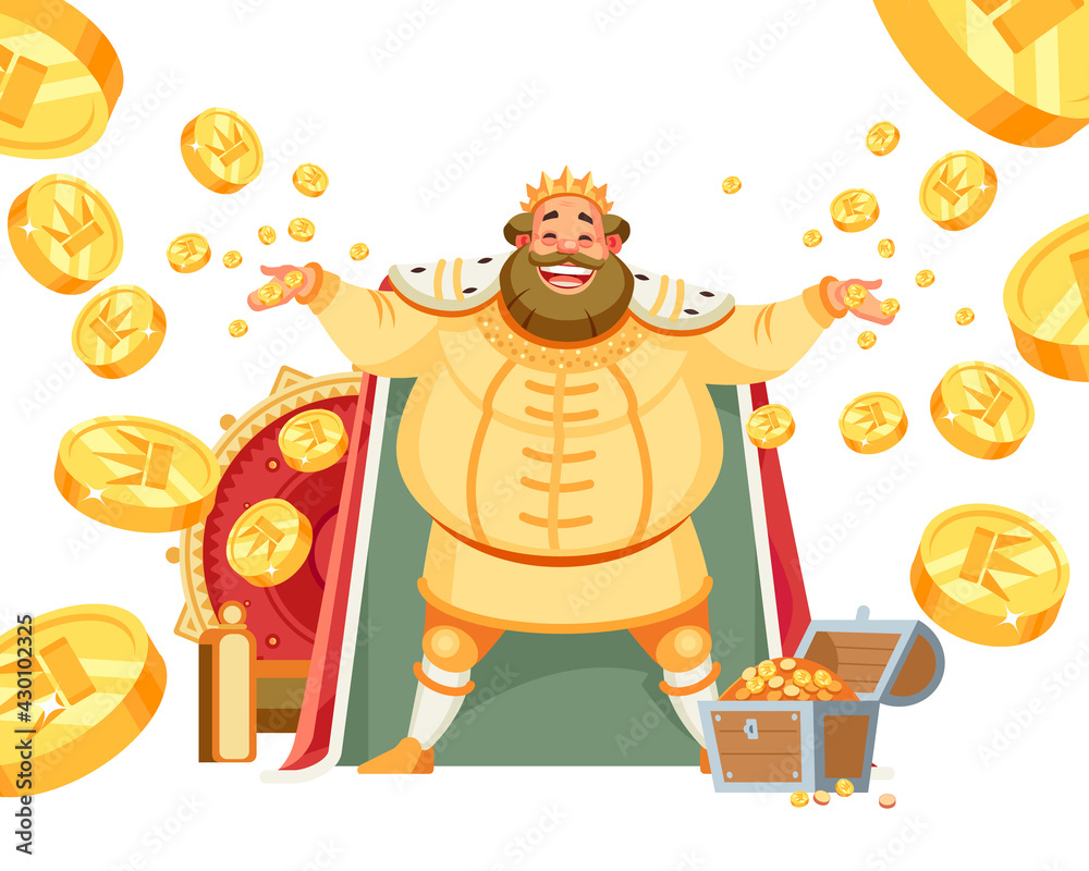 Celebrating happiness, Joyful king with a big smile throws gold ...