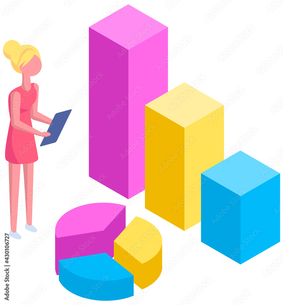 Woman studies statistics shown on bar chart. Analyze graphs and charts ...