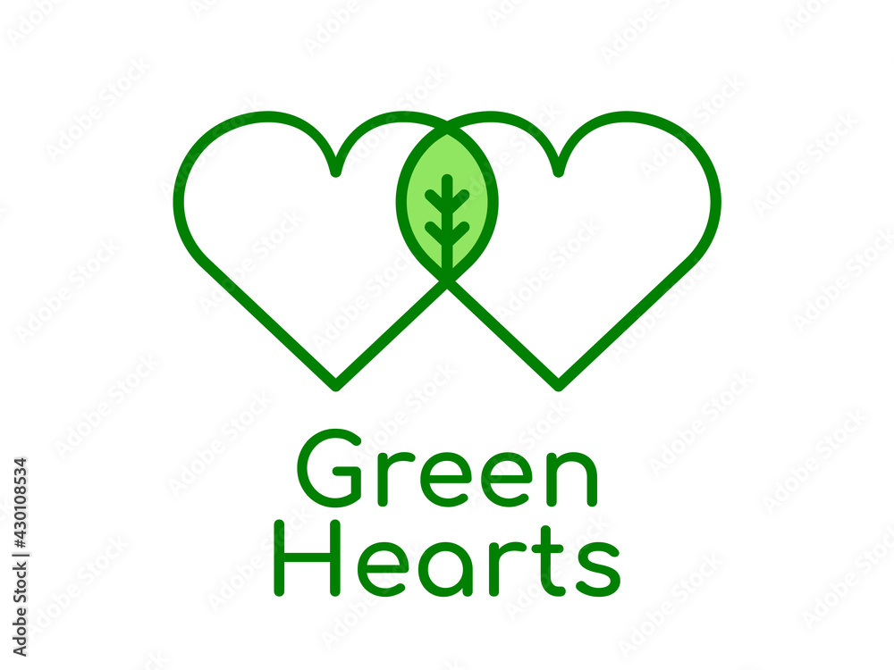 Green hearts forming a tree or a leaf. Intertwined heart symbol. Love ...