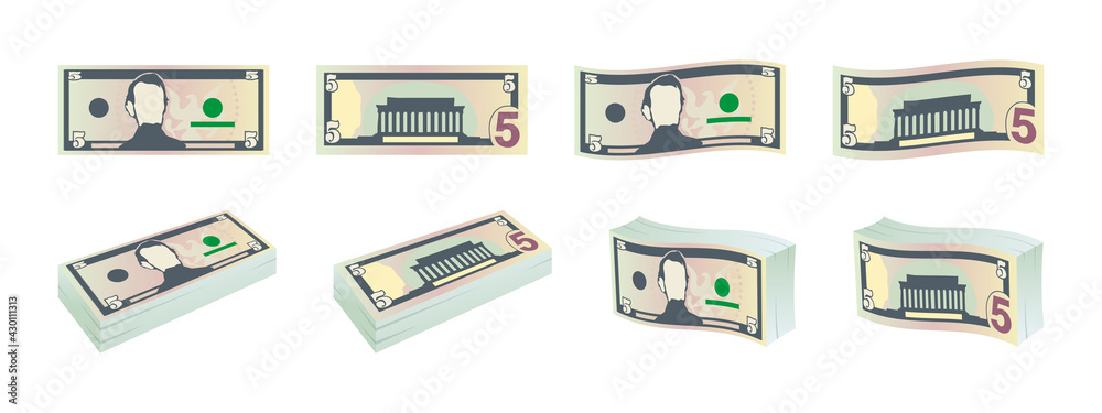 Money icons. Five dollar bills. Dollars banknotes from front and ...