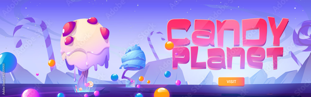 Candy planet poster with fantasy landscape with unusual trees from ...