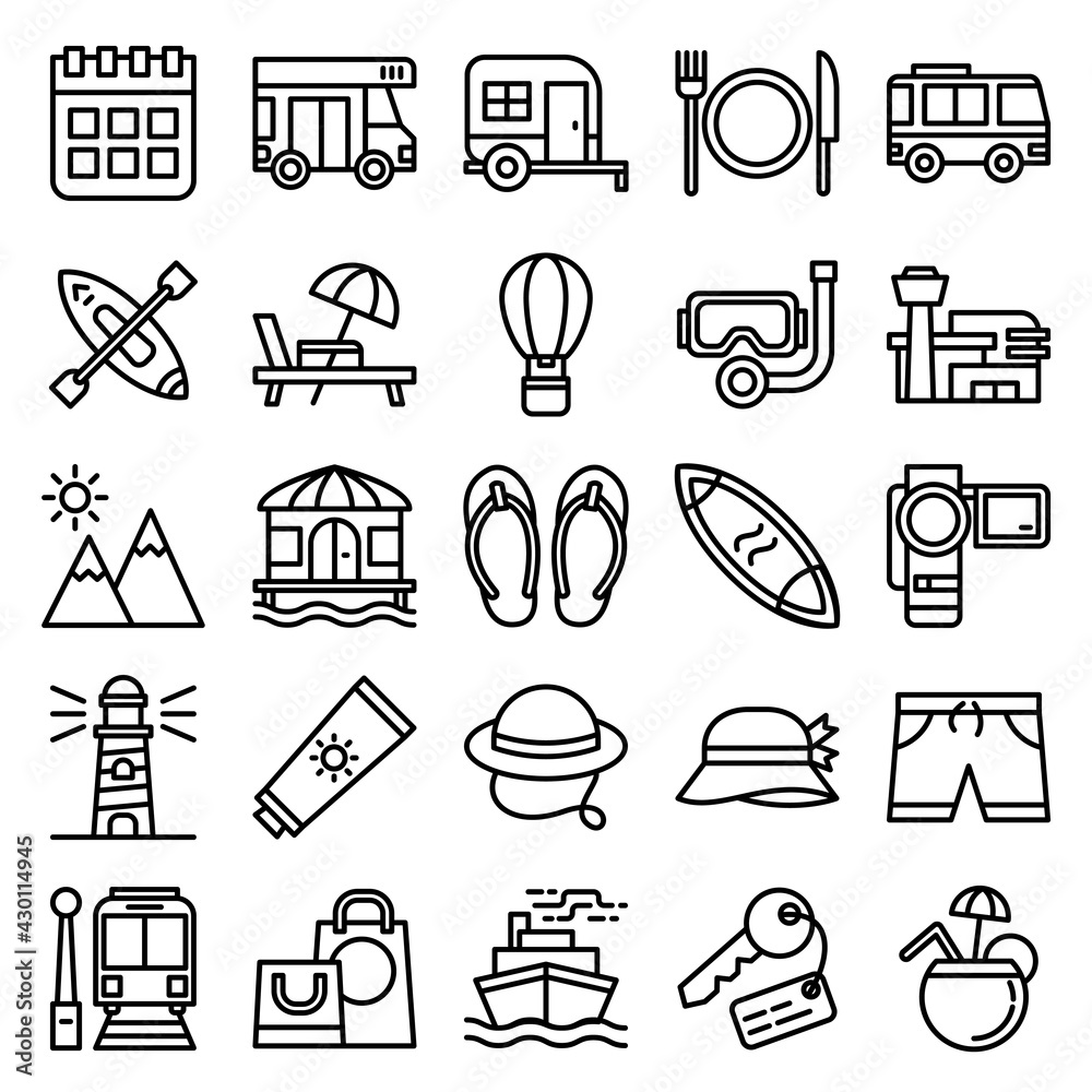 traveling and tourism icon collection with simple lines and modern ...