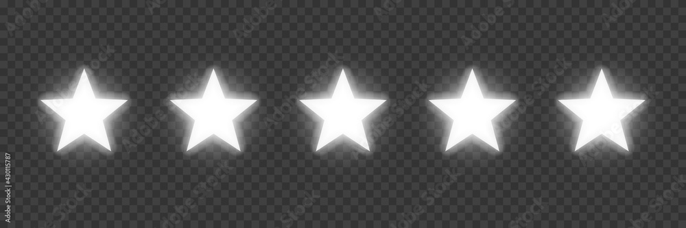 Five silver award stars on transparent background. White neon prize ...
