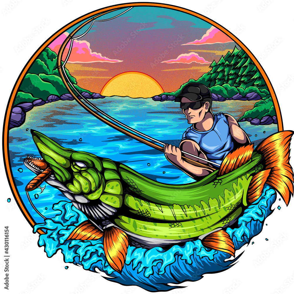 Muskellunge fish illustration. Perfect ethnic backgrounds, tattoo art ...