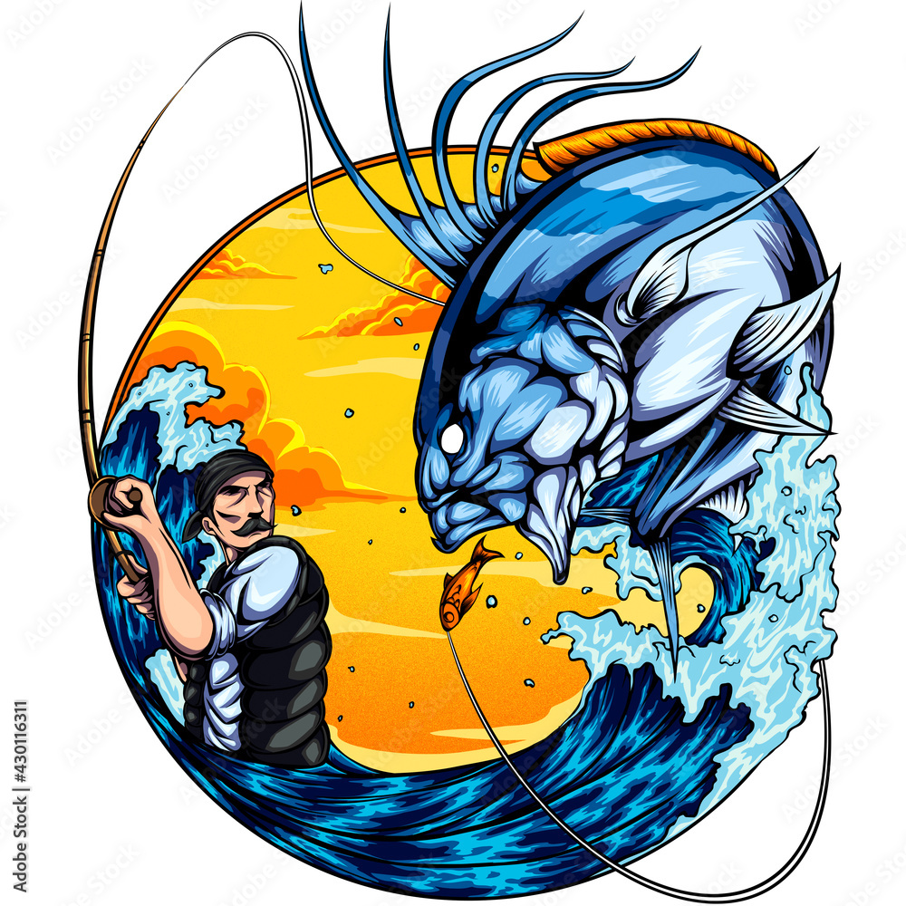 Rooster fish illustration. Perfect ethnic backgrounds, tattoo art ...