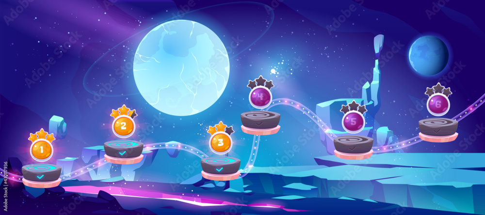 Space game level map with platforms, alien landscape and planets in sky. Vector background for ...