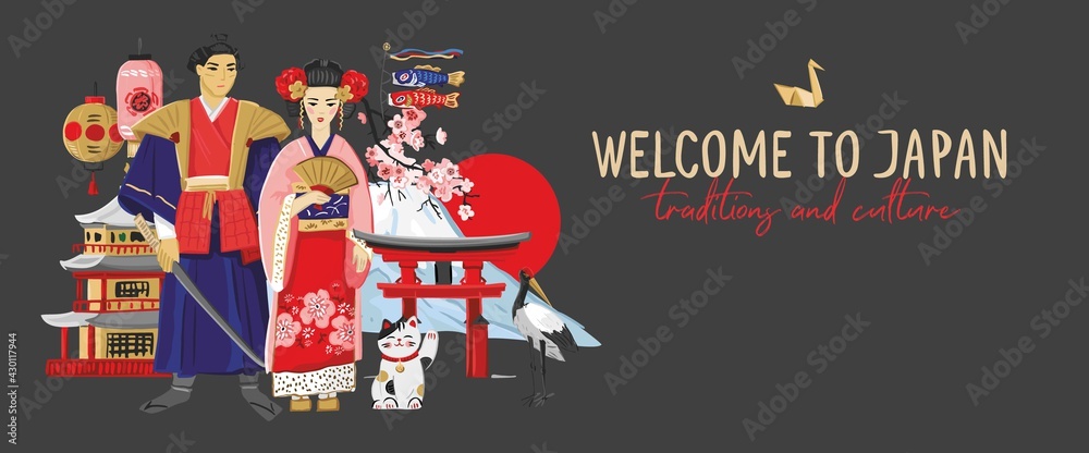 Welcome to japan lettering. Banner with Japanese symbols in sketch ...