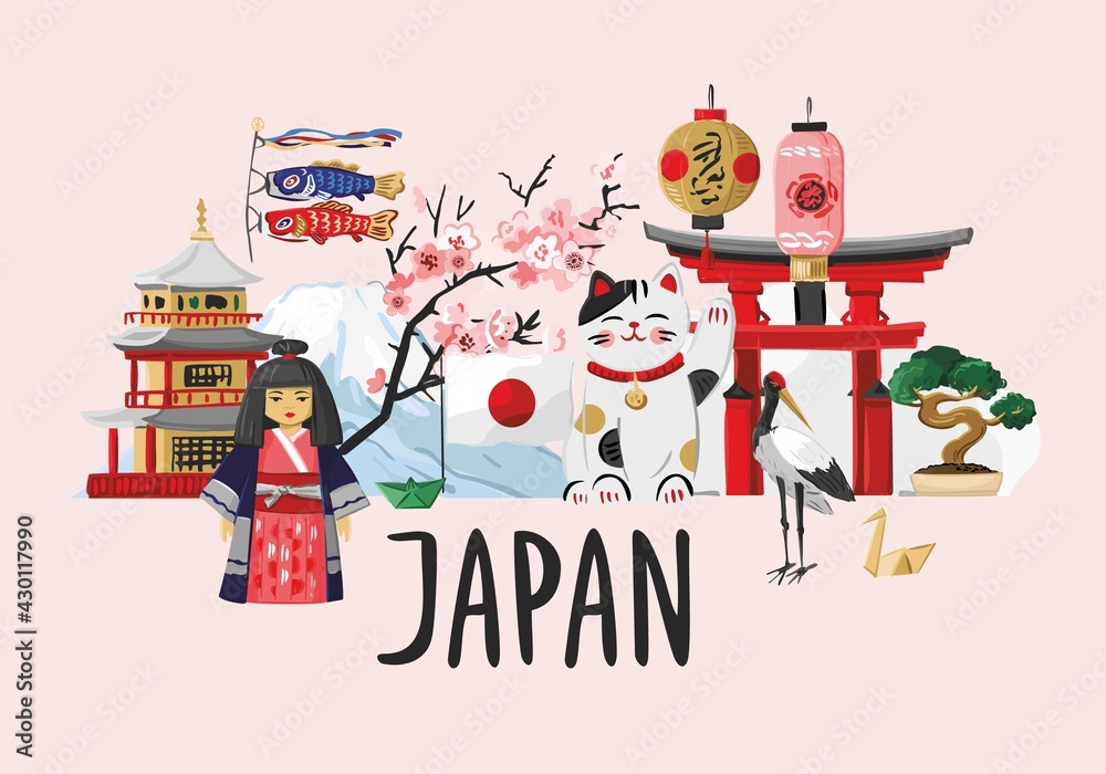 Lettering Japan with a composition of traditional symbols isolated on ...