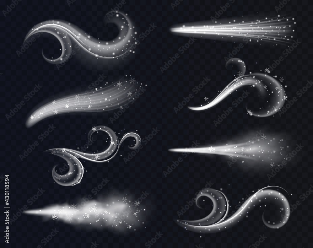 Cold wind air streams. Realistic winter breath flows with snowflakes ...