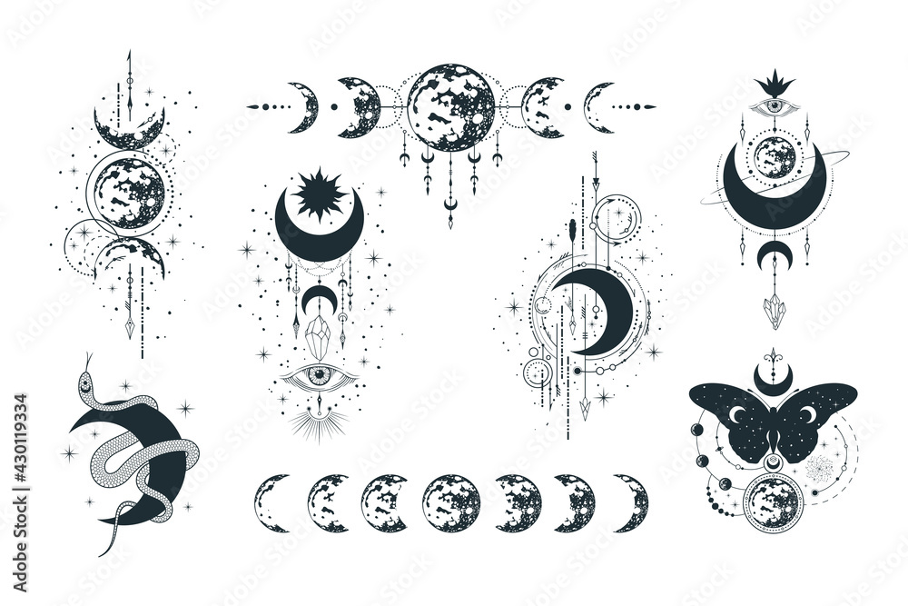 Celestial moon collection. Spiritual tattoo. Mystical lunar prints ...