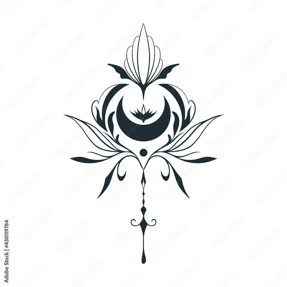 Mystical floral moon print. Spiritual lunar tattoo with flowers ...