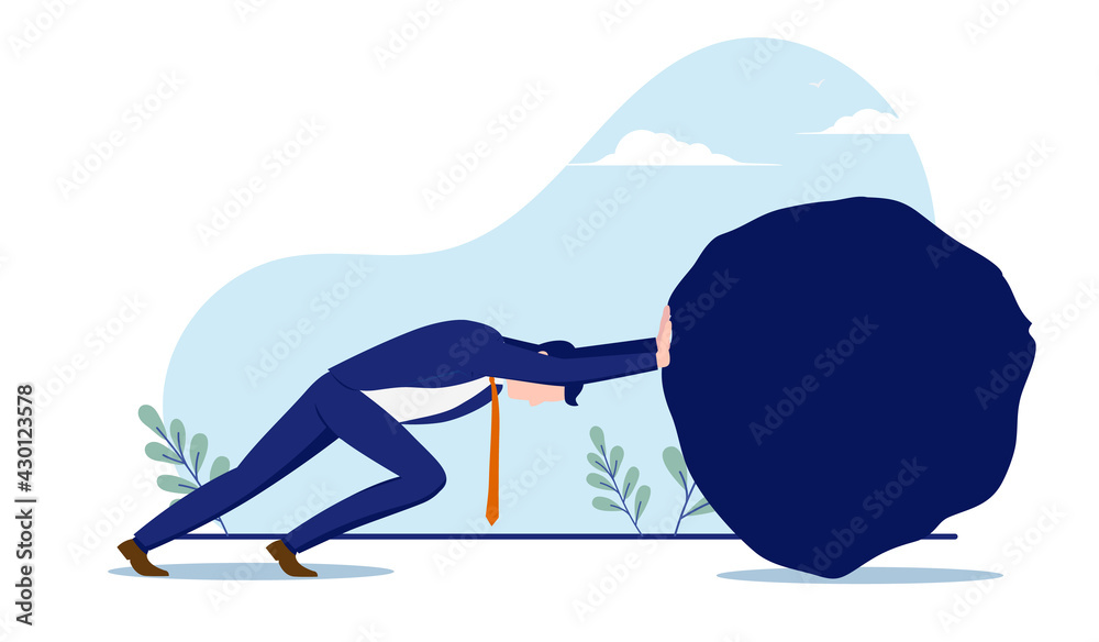 Business hard work - Businessman pushing large rock, metaphor for ...